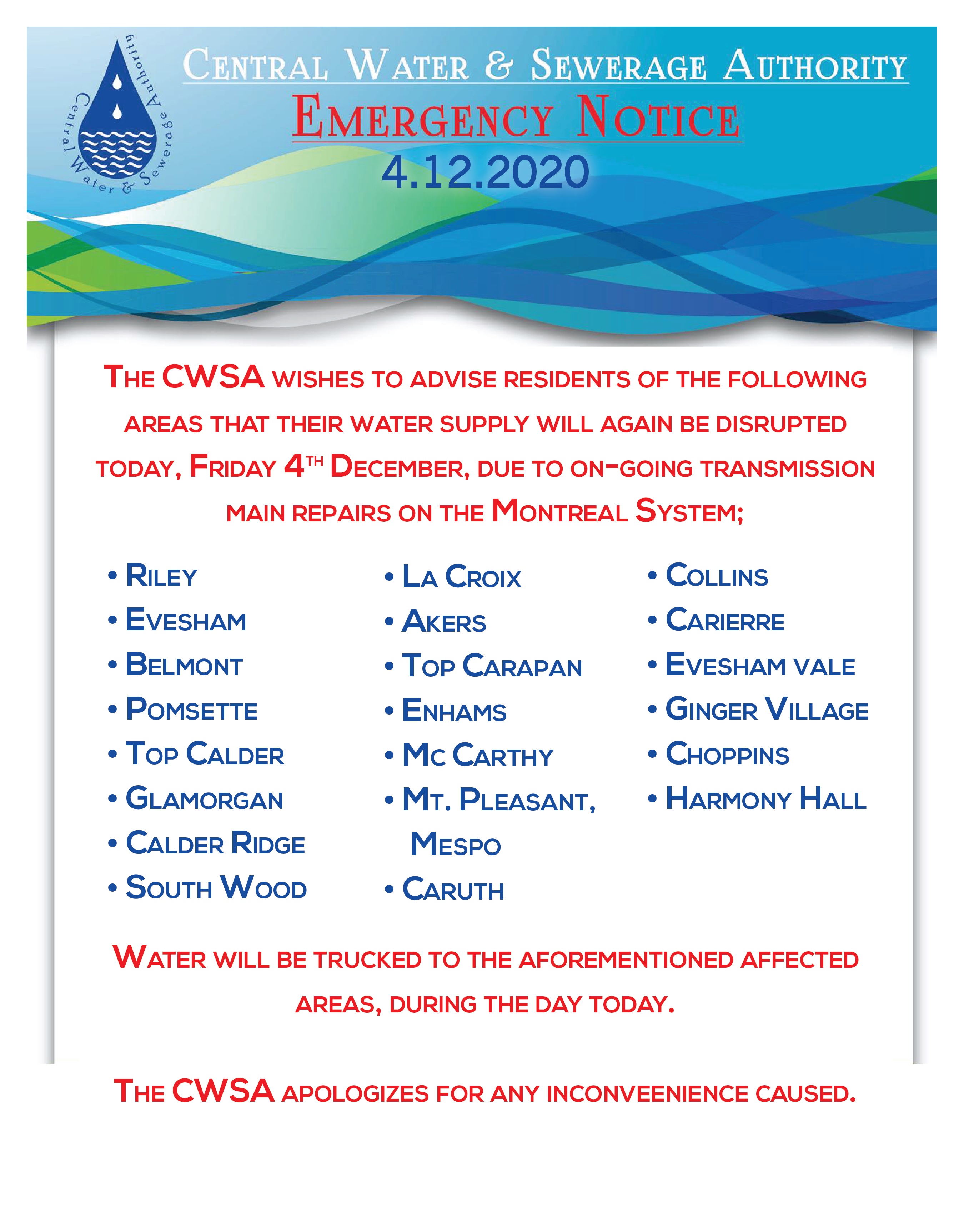 Emergency water disruption in 22 areas – CWSA – One News SVG