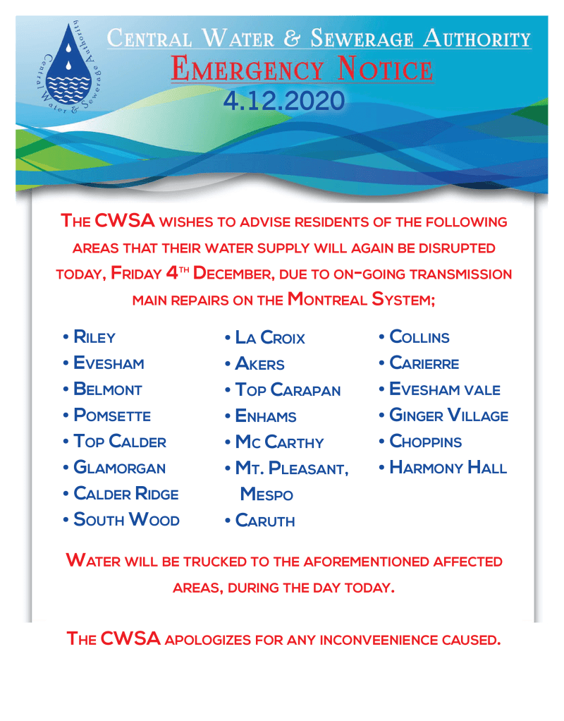 Emergency water disruption in 22 areas – CWSA – One News SVG
